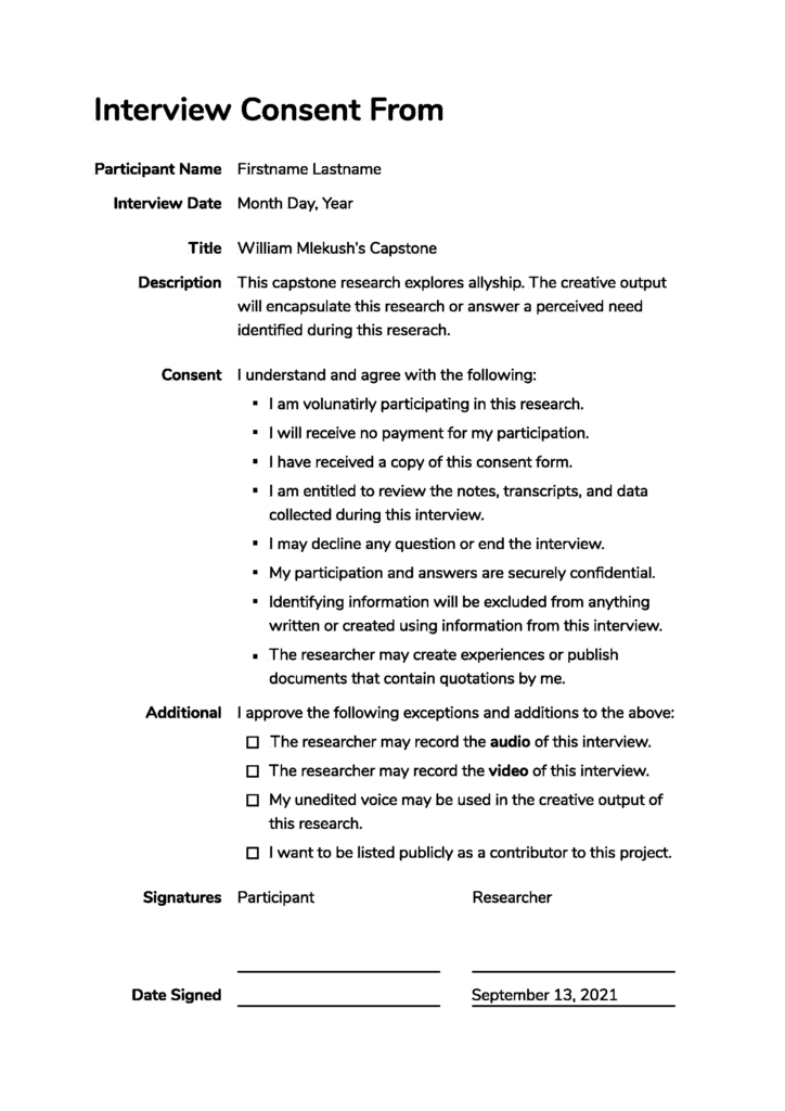 Interview Prep: Questions, Consent, and My Positionality – William Mlekush